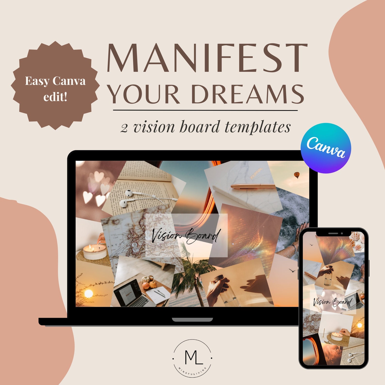 2024 Digital Vision Board Template - Canva Editable | Printable Kit for ...