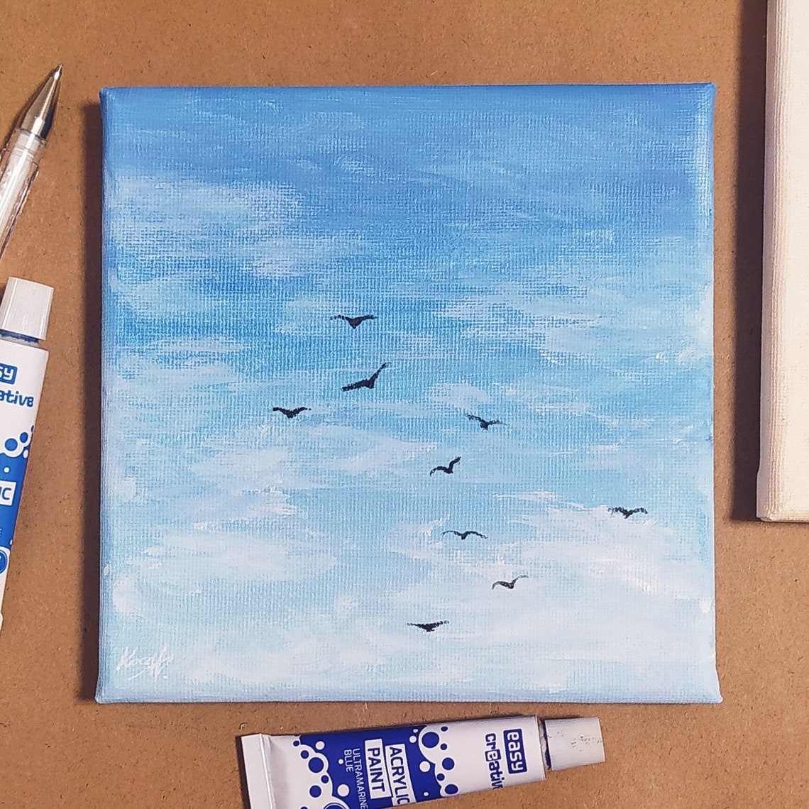 Blue Sky White Clouds Original Acrylic Painting on Canvas, Blue Sky ...