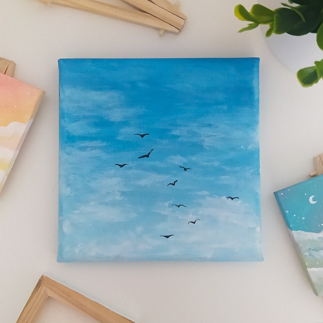Blue Sky White Clouds Original Acrylic Painting on Canvas, Blue Sky ...