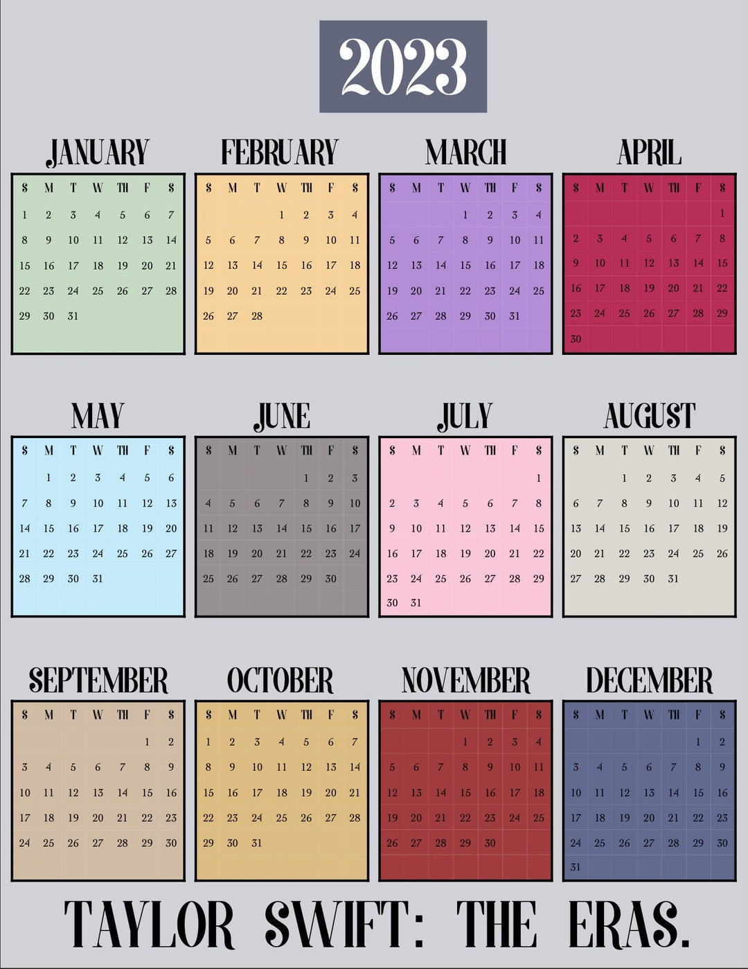 Taylor Swift Eras 2023 Calendar Printable Calendar Digital - Etsy Israel