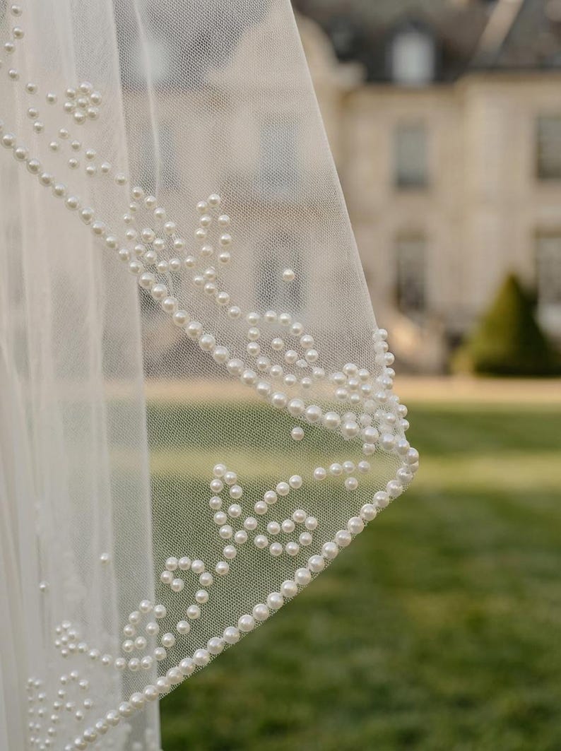 Fingertip Pearl Wedding Veil – Elegant Illusion Tulle Bridal Veil ...