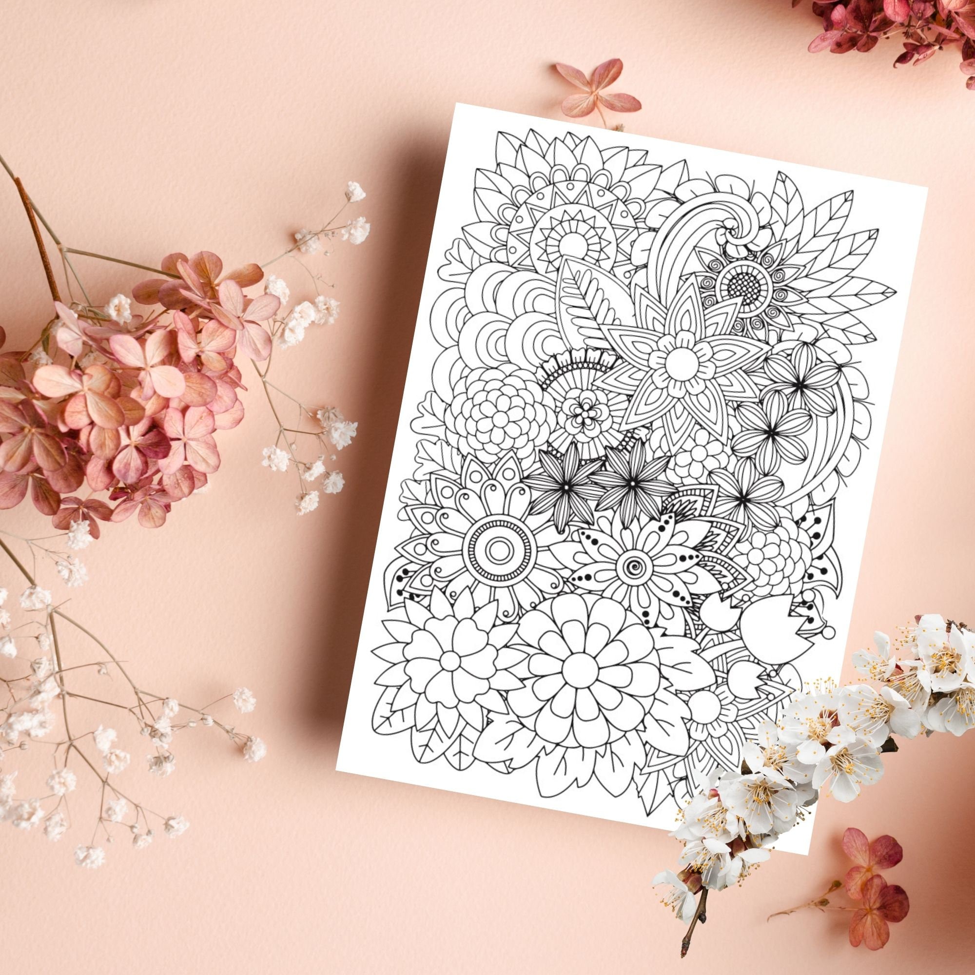 Flower Coloring Pages: Flowers Adult Coloring Book 100 Digital Coloring ...