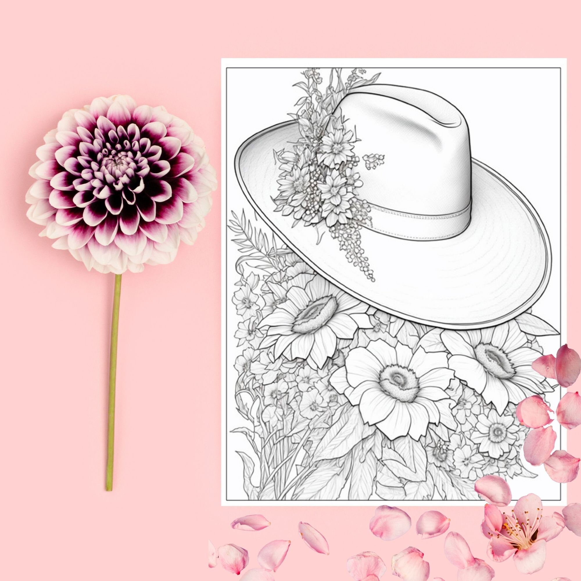 Spring Hats Coloring Pages Hats and Flowers Coloring Book 55 Digital ...