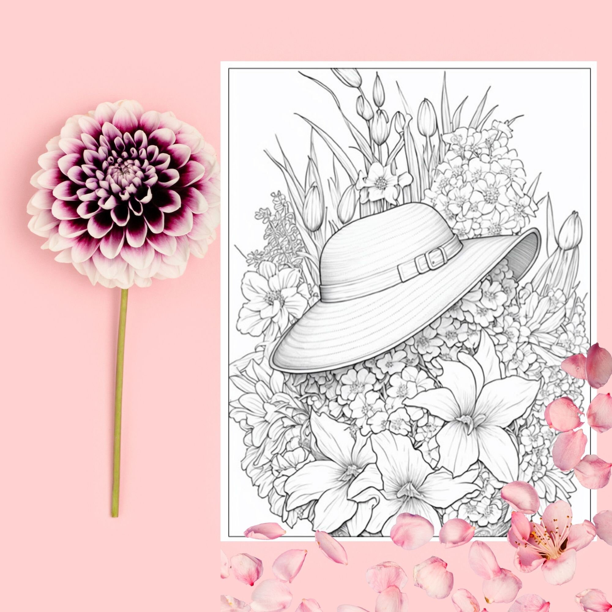 Spring Hats Coloring Pages Hats and Flowers Coloring Book 55 Digital ...