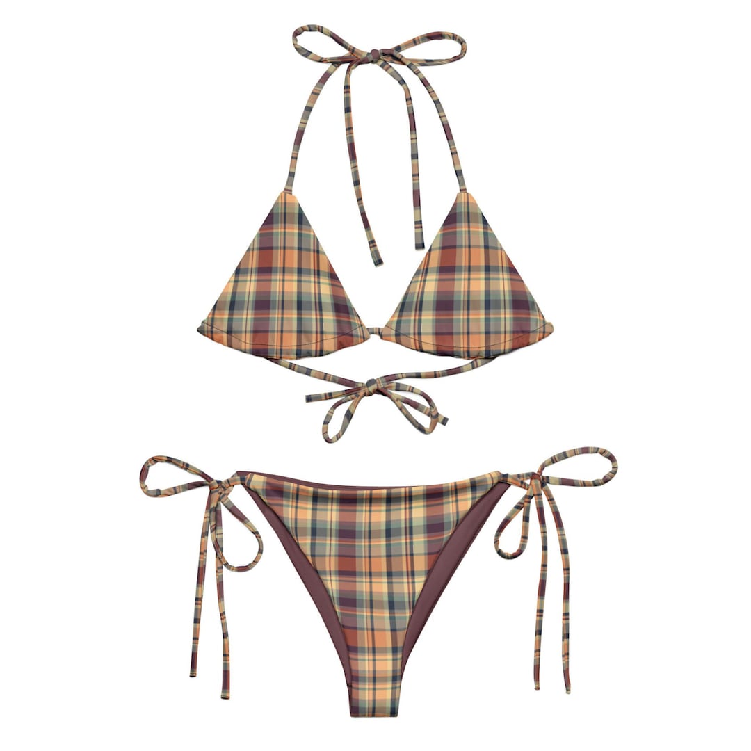 Preppy Bikini, Plaid Bikini Set in Earthy Tones, String Bikini Top ...