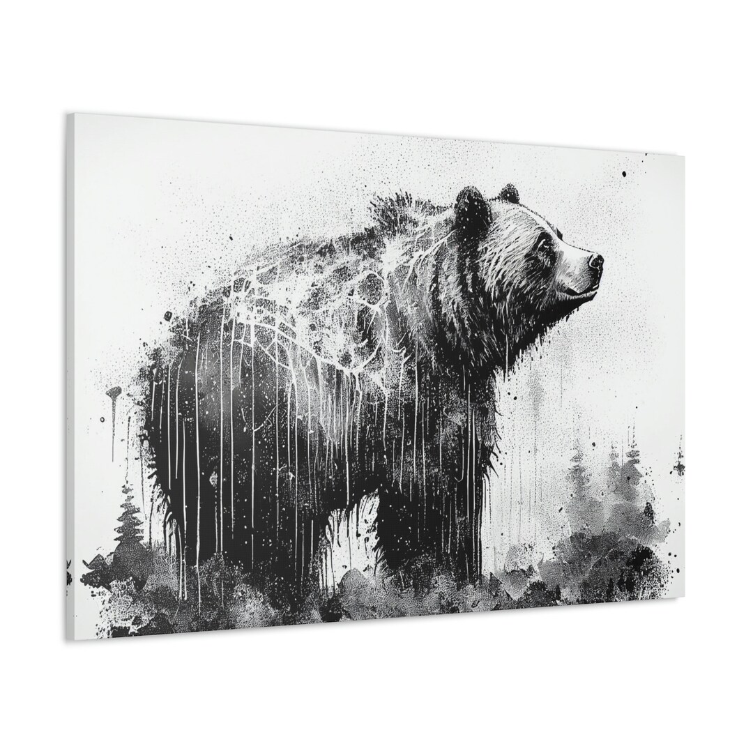 Grizzly Bear Splatter Painting Canvas Wall Art, Black and White Modern ...