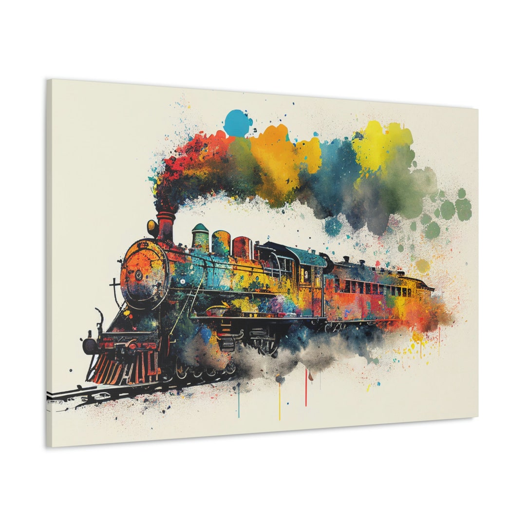 Train Locomotive, Splatter Painting Canvas Wall Art, Modern Railroad ...