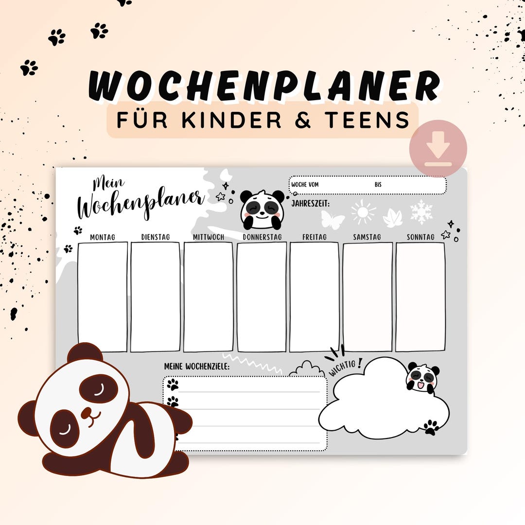 Weekly Planner for Children and Teens – Panda Design – Printable or ...