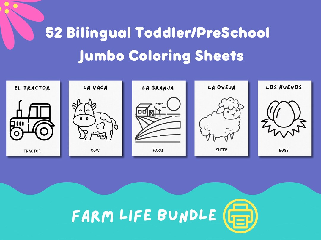 Farm Animal Coloring Pages, Bilingual Coloring Bundle, English Spanish ...