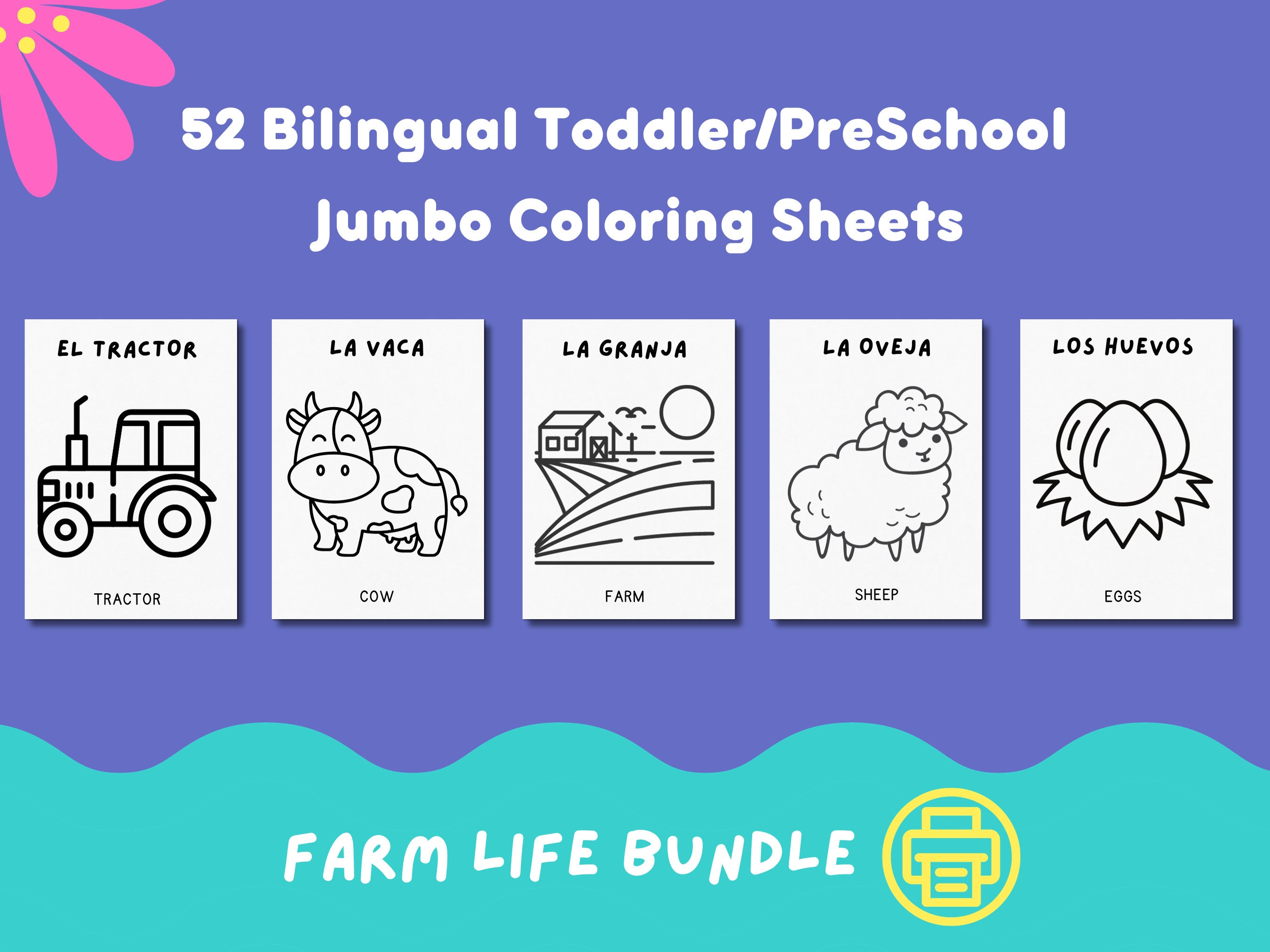 Farm Animal Coloring Pages, Bilingual Coloring Bundle, English Spanish ...