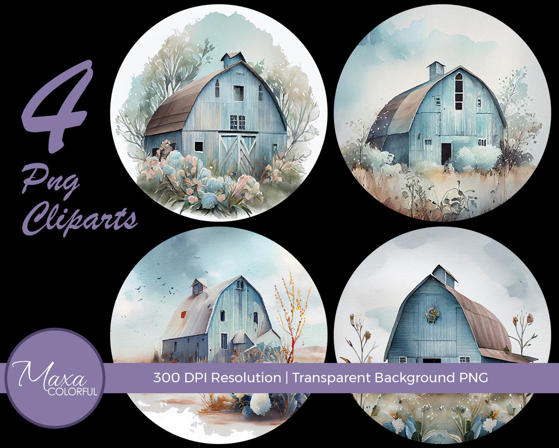 Watercolor Farm Clipart. Digital Watercolor. Pale Blue Farm - Etsy