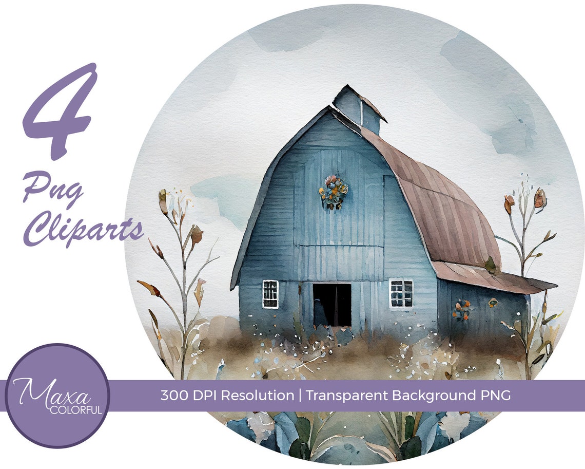 Watercolor Farm Clipart. Digital Watercolor. Pale Blue Farm - Etsy