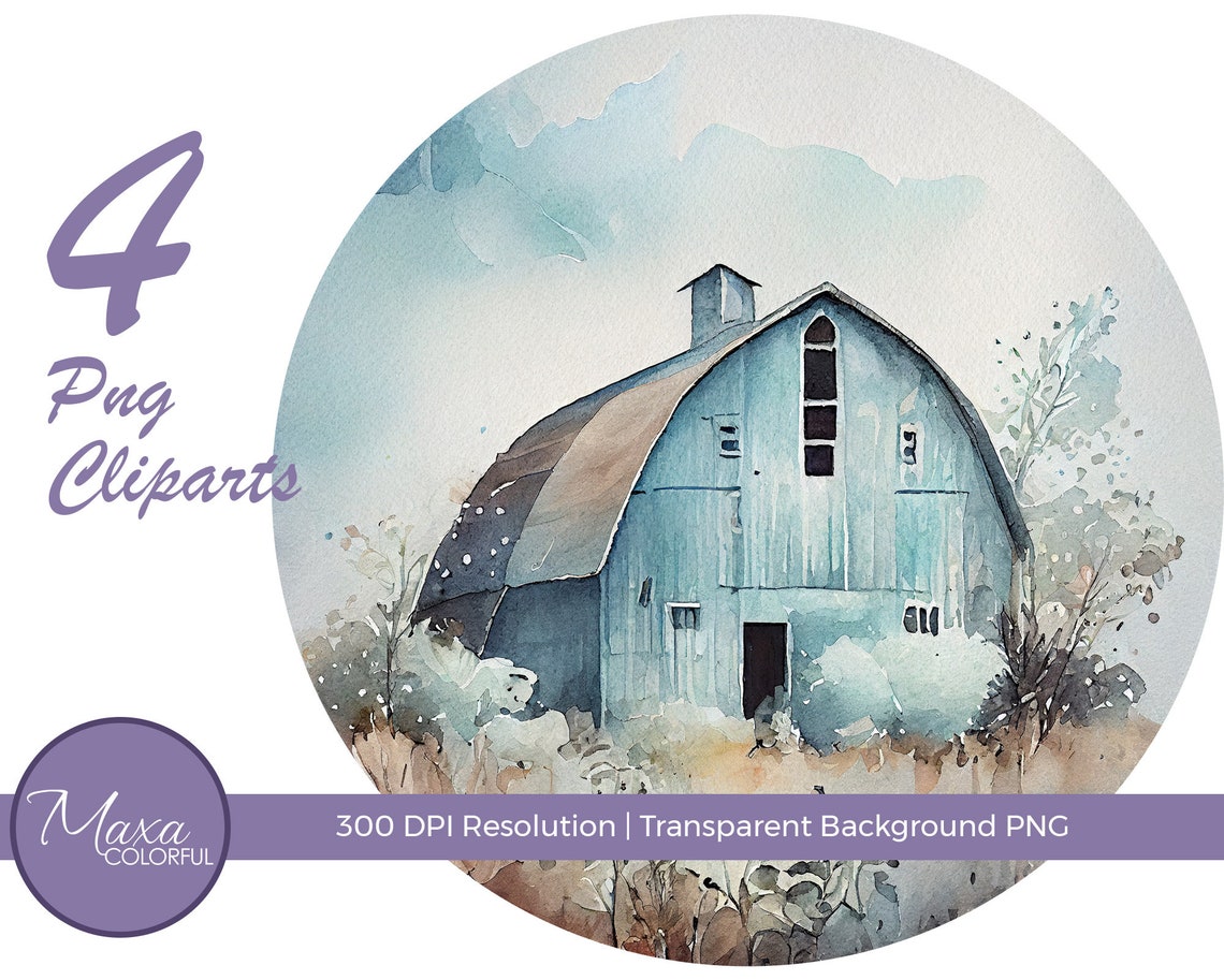 Watercolor Farm Clipart. Digital Watercolor. Pale Blue Farm - Etsy