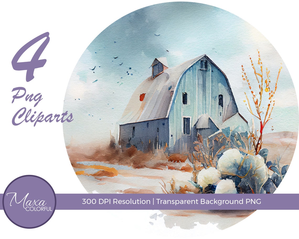 Watercolor Farm Clipart. Digital Watercolor. Pale Blue Farm - Etsy