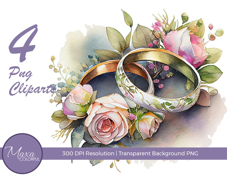 Watercolor Floral Wedding Rings Clipart Png. Digital - Etsy