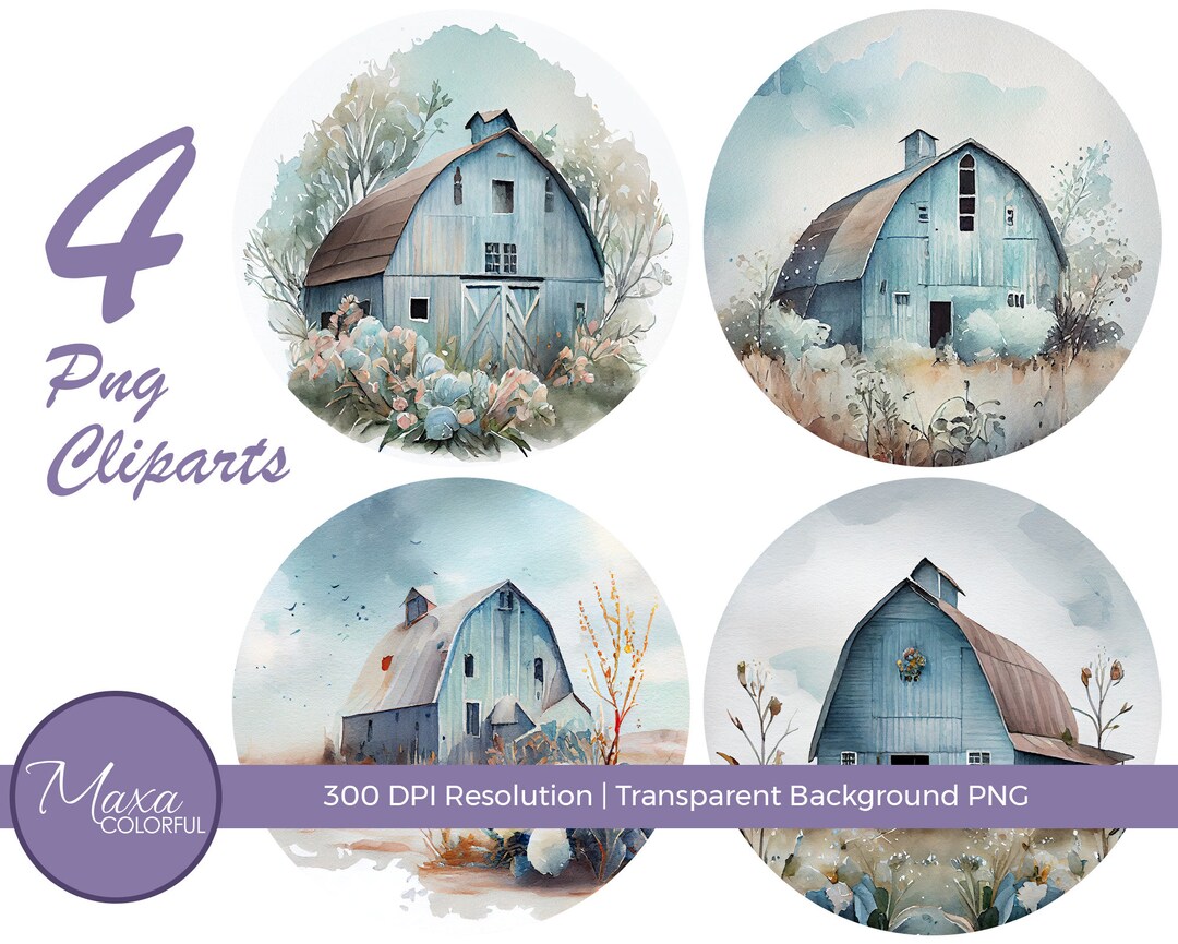 Watercolor Farm Clipart. Digital Watercolor. Pale Blue Farm - Etsy