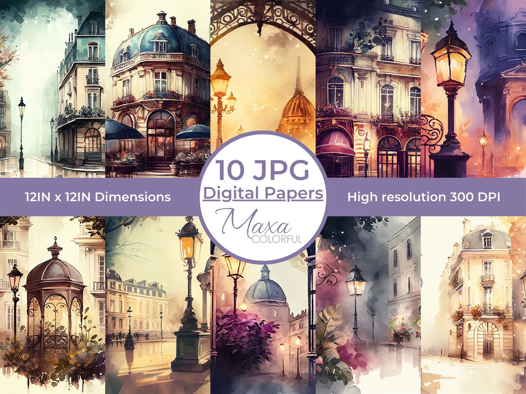 Watercolor Romantic Vintage City Digital Paper Scrapbook Bundle ...