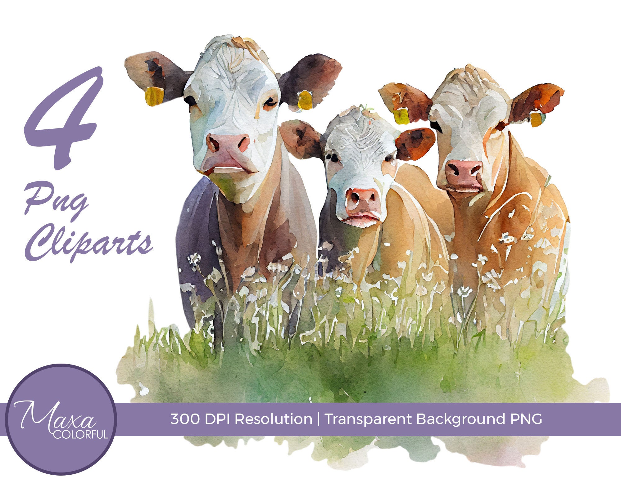 Watercolor Cows Clipart Png. Digital Watercolor. Animal Pastel Clipart ...