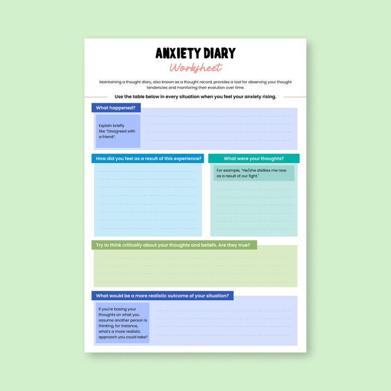 Anxiety Diary Worksheet | CBT Therapy & Counseling Tool for Anxiety ...