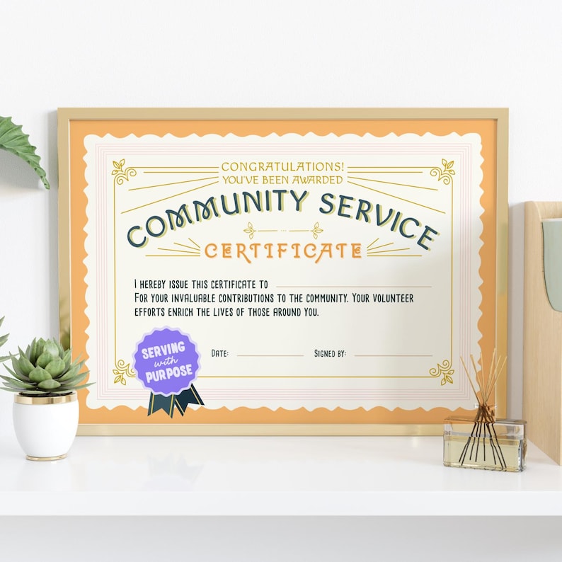 Community Service Certificate: Volunteer Award (printable PDF) - Etsy