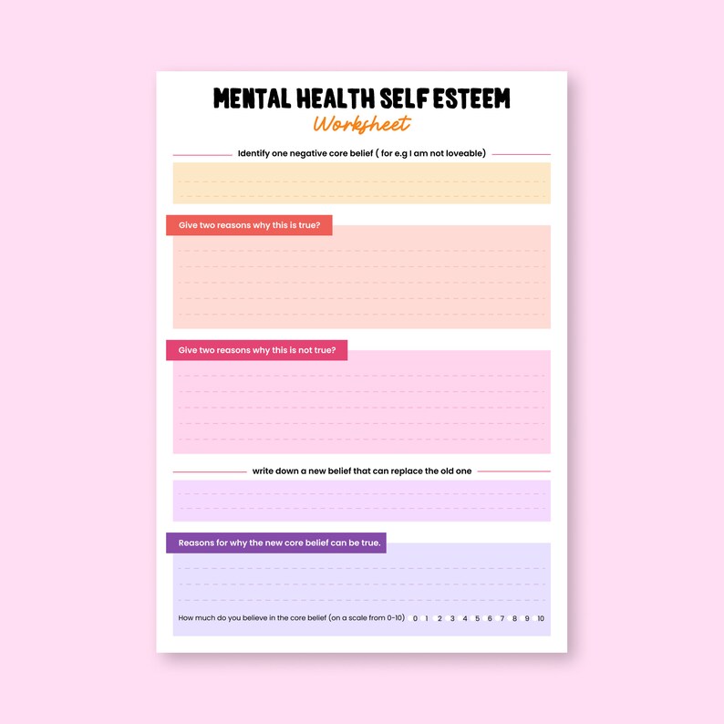Mental Health Self-esteem Worksheet | Printable & Fillable CBT Resource ...