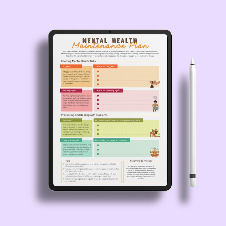 Mental Health Maintenance Plan Worksheet: CBT Therapy (printable ...