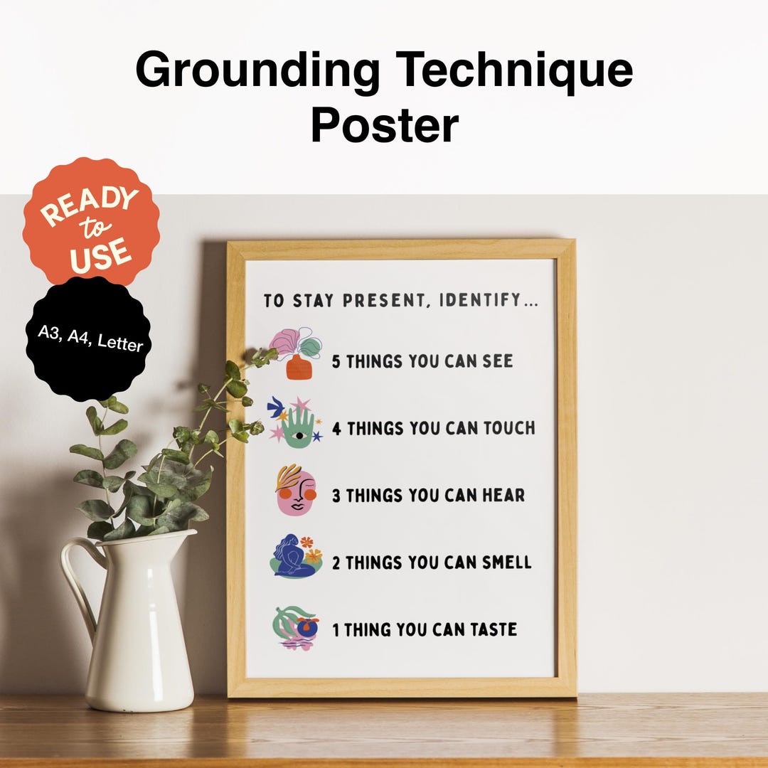 Illustrated Grounding Technique Poster | 5-4-3-2-1 Steps for Stress ...
