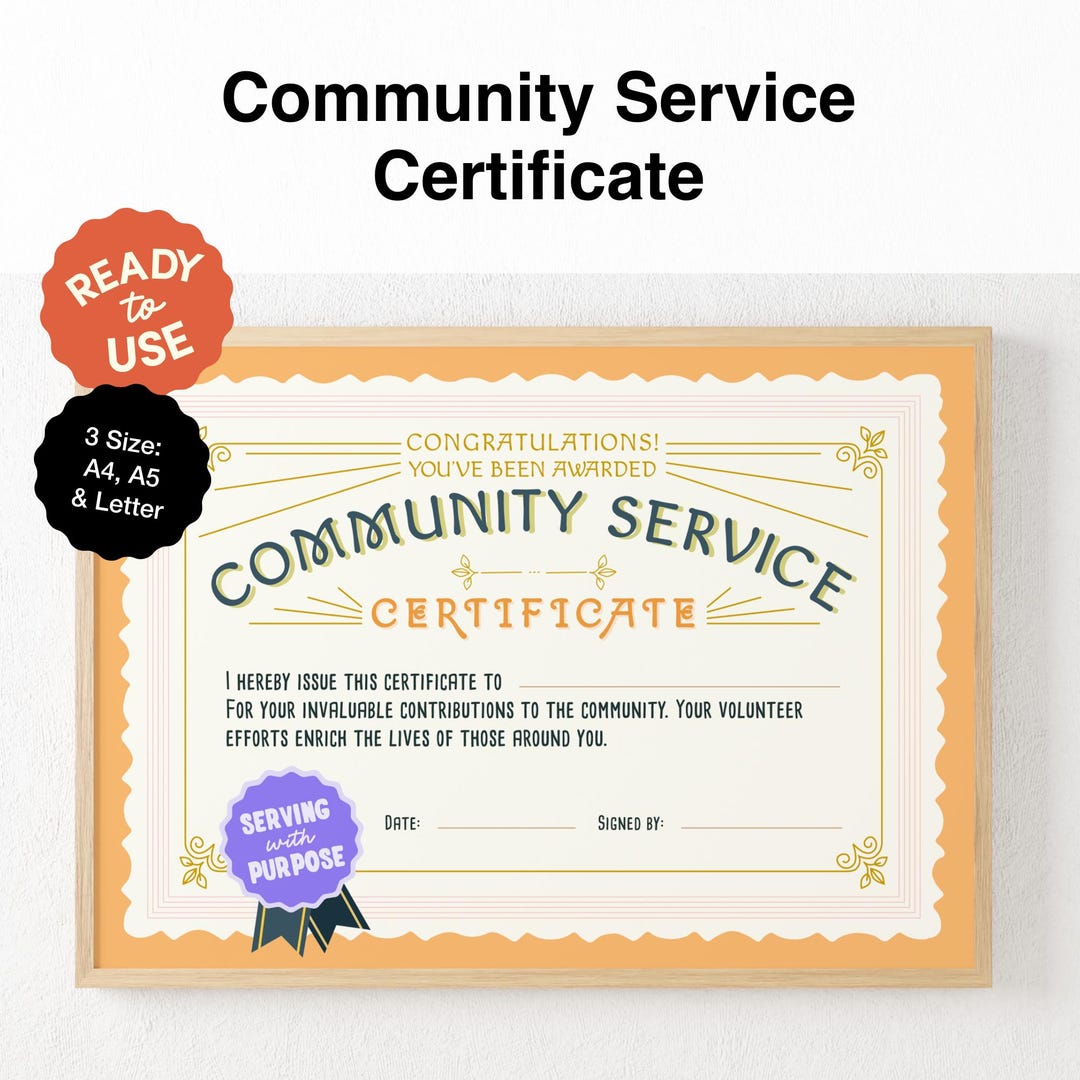 Community Service Certificate: Volunteer Award (printable PDF) - Etsy
