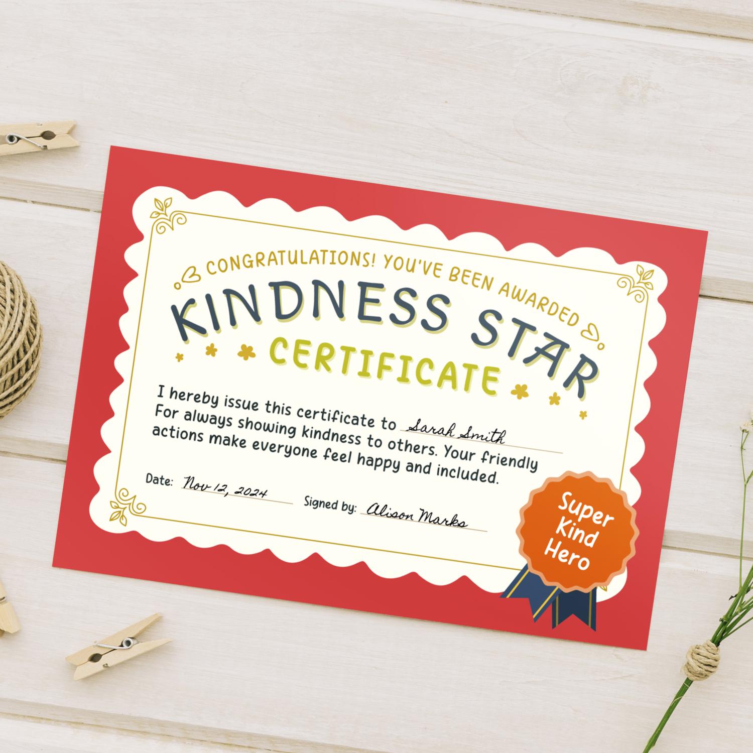 Kindness Star Certificate of Achievement | Kindness Award | Classroom ...