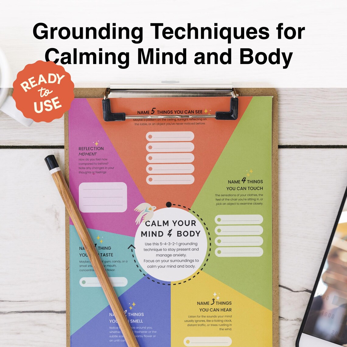 Grounding Techniques Worksheet: CBT Therapy for Stress Relief (digital ...