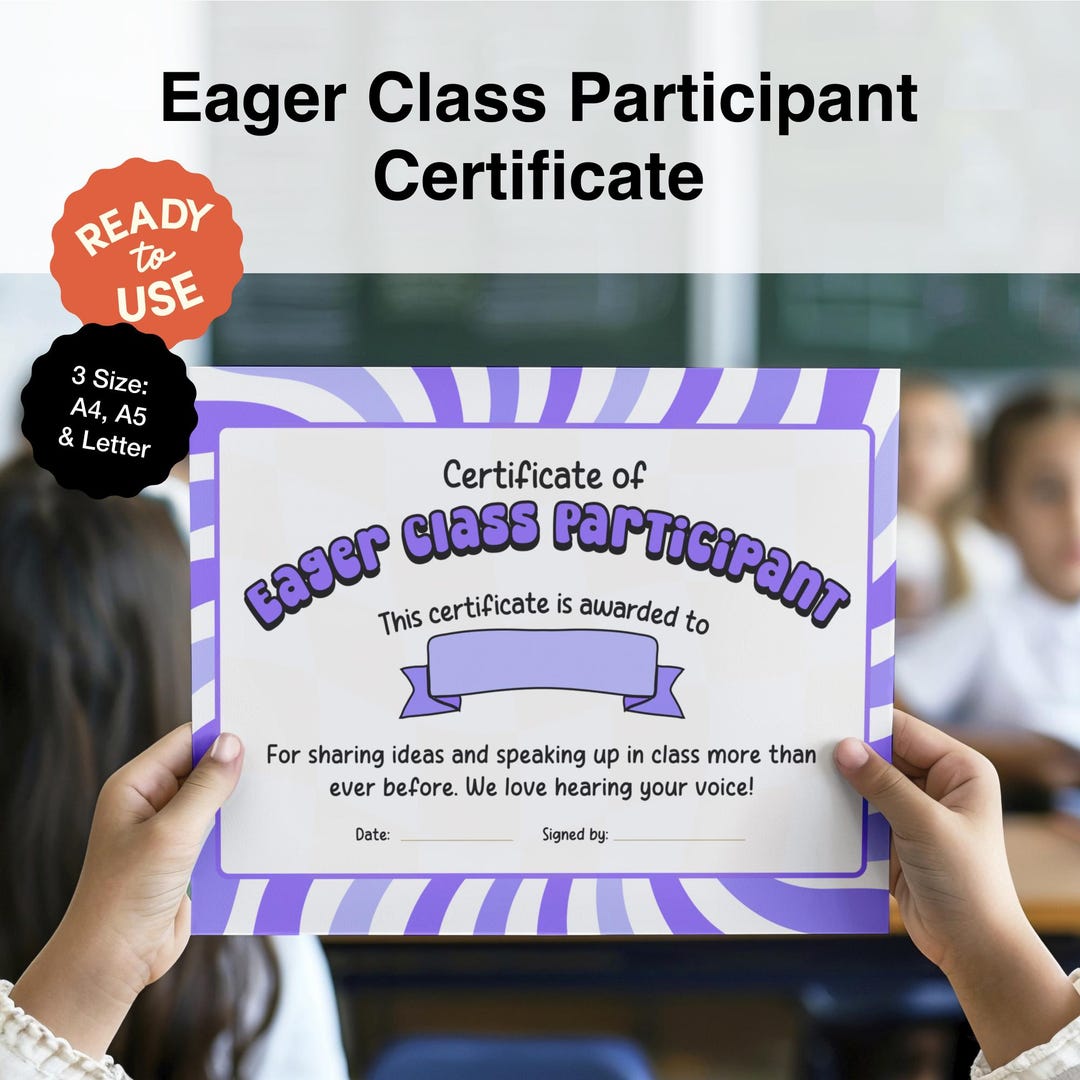 Eager Class Participant Certificate of Achievement | Classroom Engagement Award | Student ...