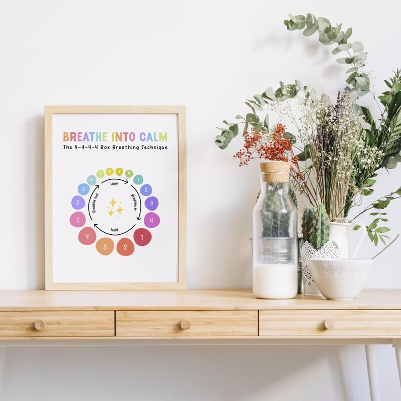 Breathe Into Calm Poster | 4-4-4-4 Breathing Exercise | Therapy Office ...