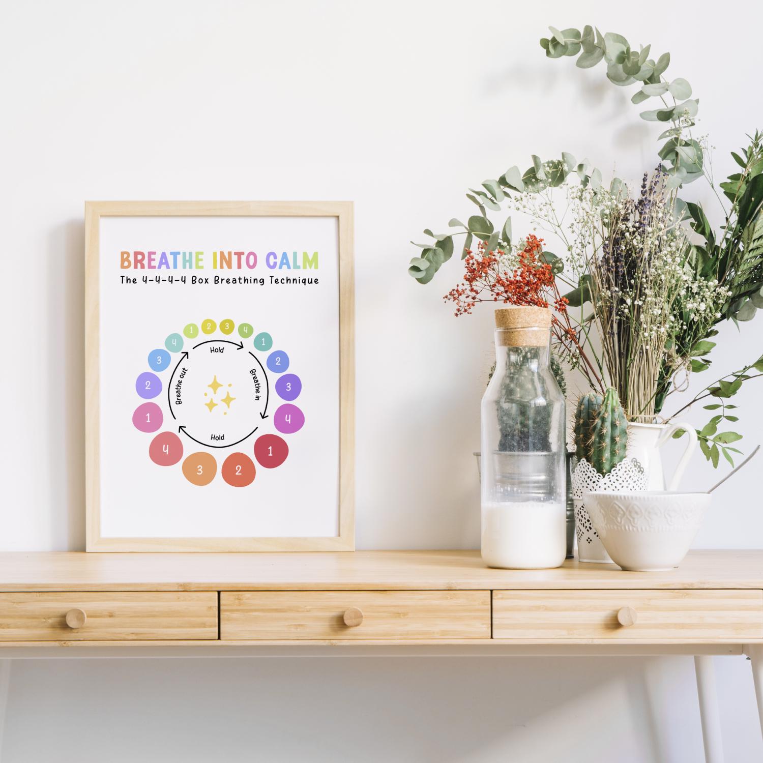 Breathe Into Calm Poster | 4-4-4-4 Breathing Exercise | Therapy Office ...