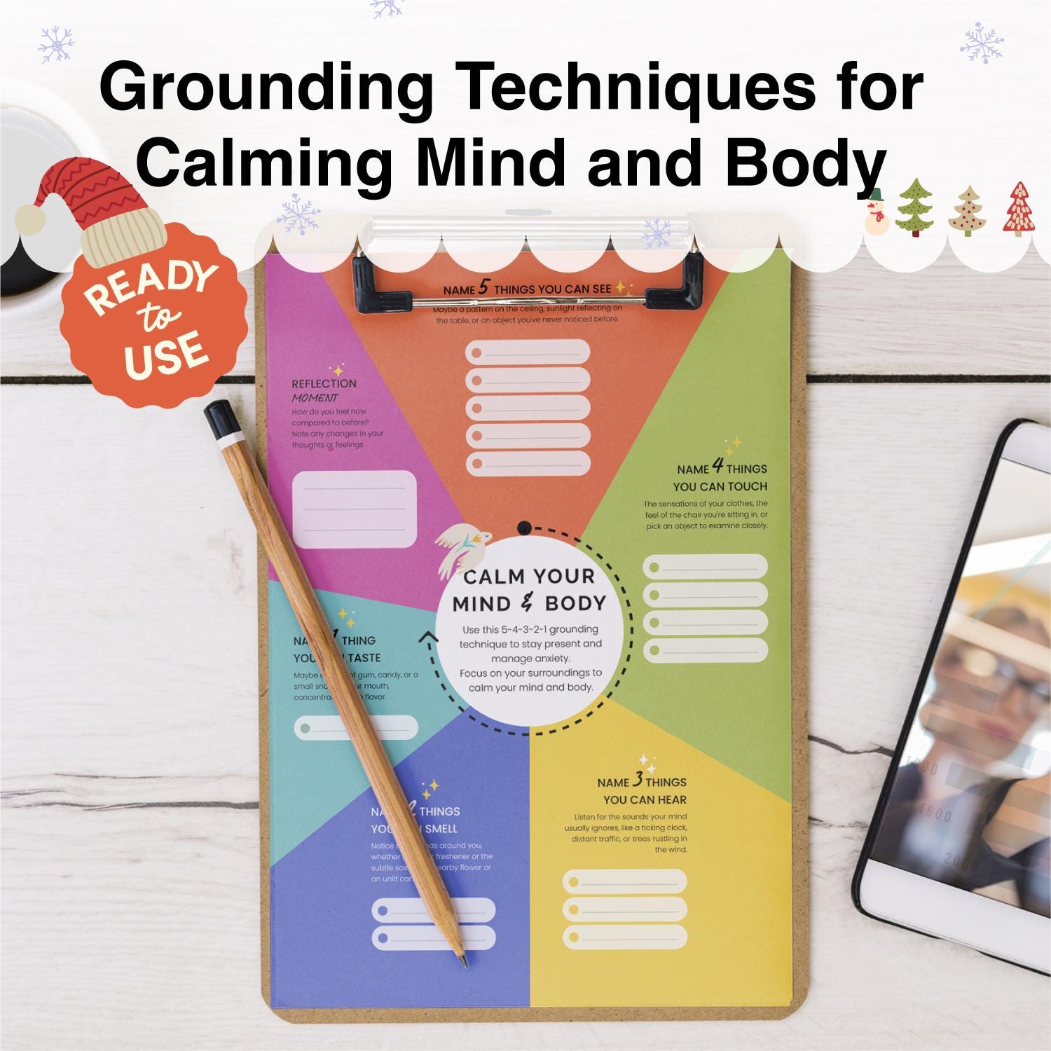 Grounding Techniques Worksheet CBT Therapy Printable for Stress Relief ...