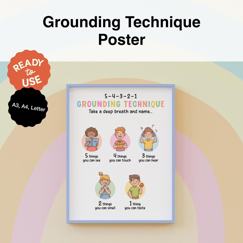 Grounding Technique Poster for Kids | Anxiety Relief 5 Senses Exercise ...