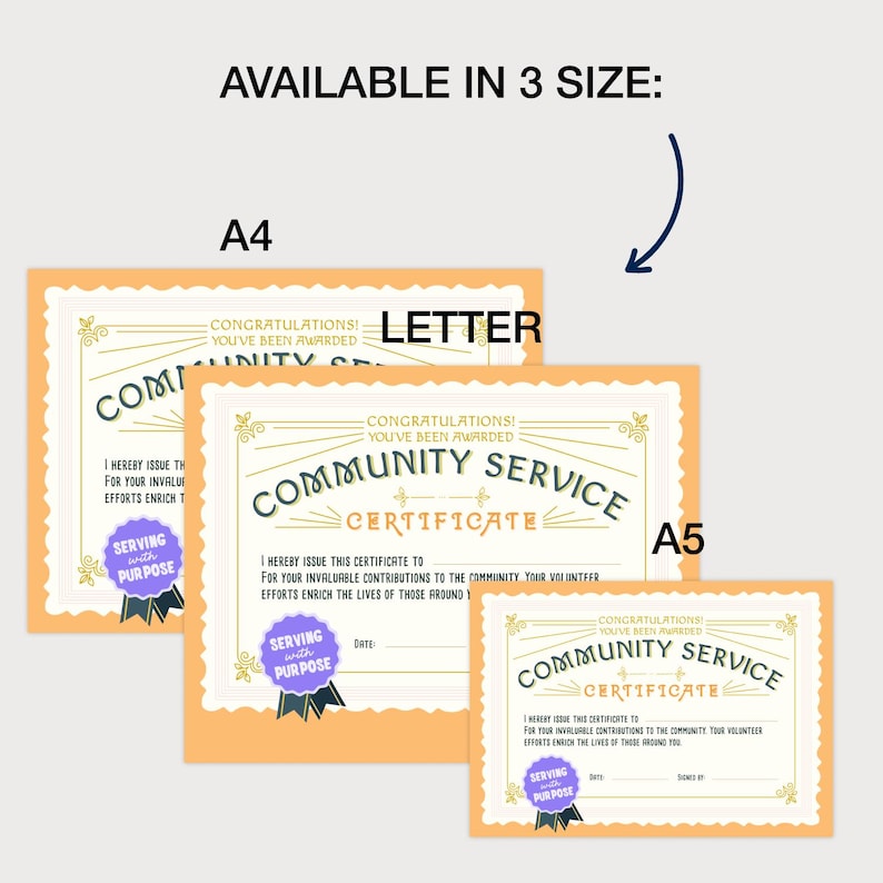 Community Service Certificate: Volunteer Award (printable PDF) - Etsy