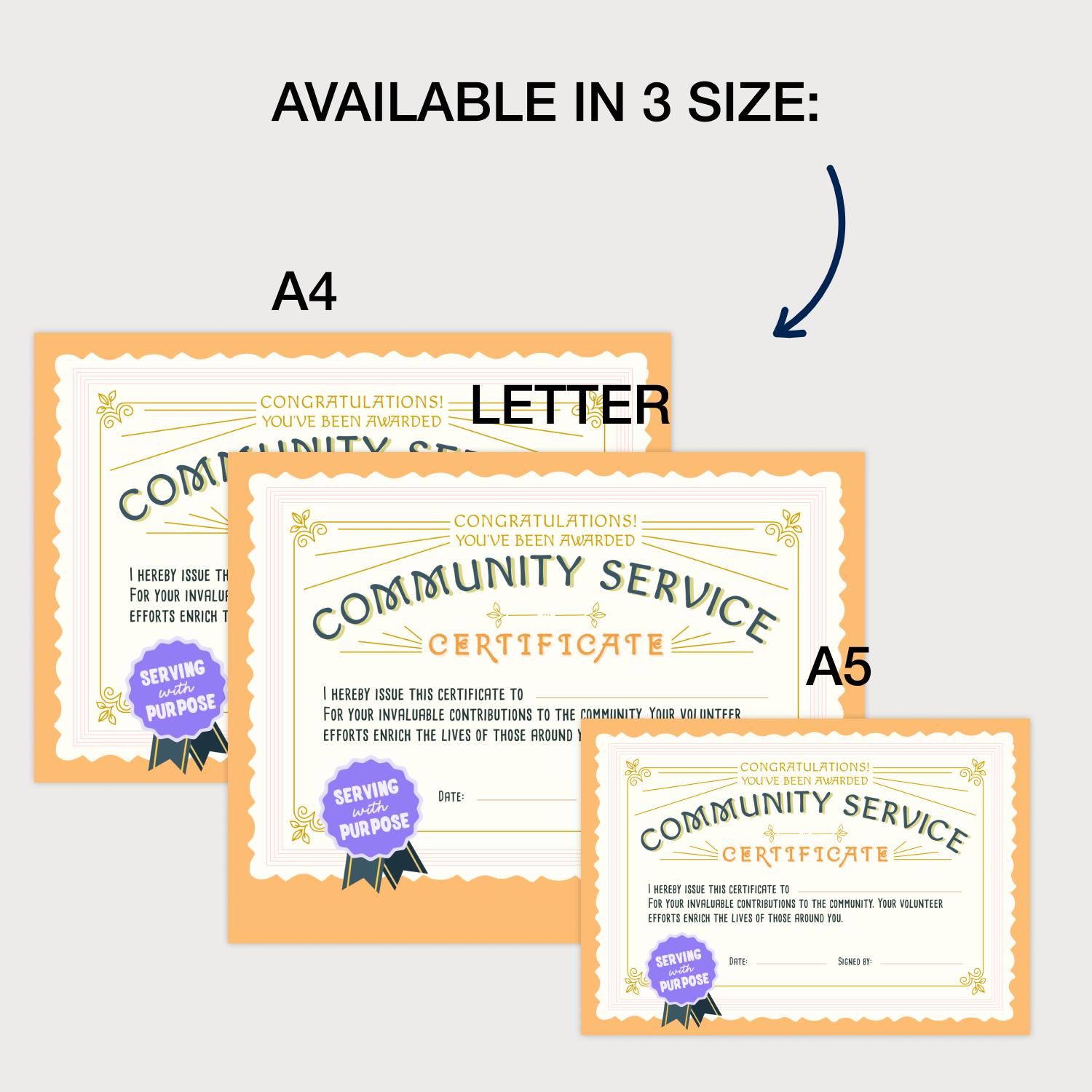 Community Service Certificate: Volunteer Award (printable PDF) - Etsy