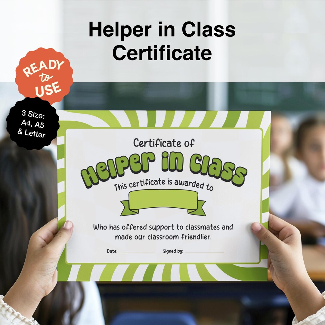 Helper in Class Certificate of Achievement | Student Kindness ...