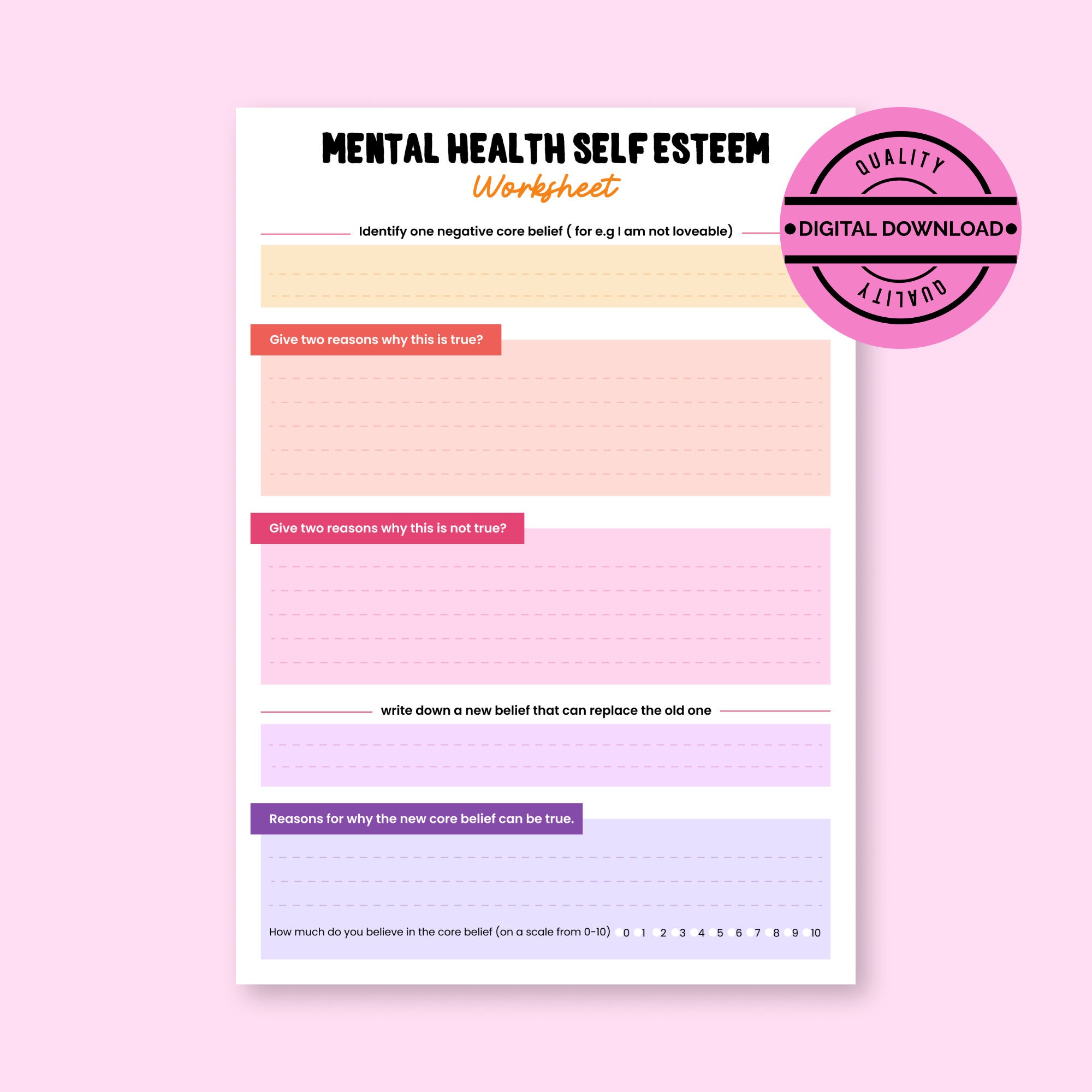 Mental Health Self-esteem Worksheet | Printable & Fillable CBT Resource ...