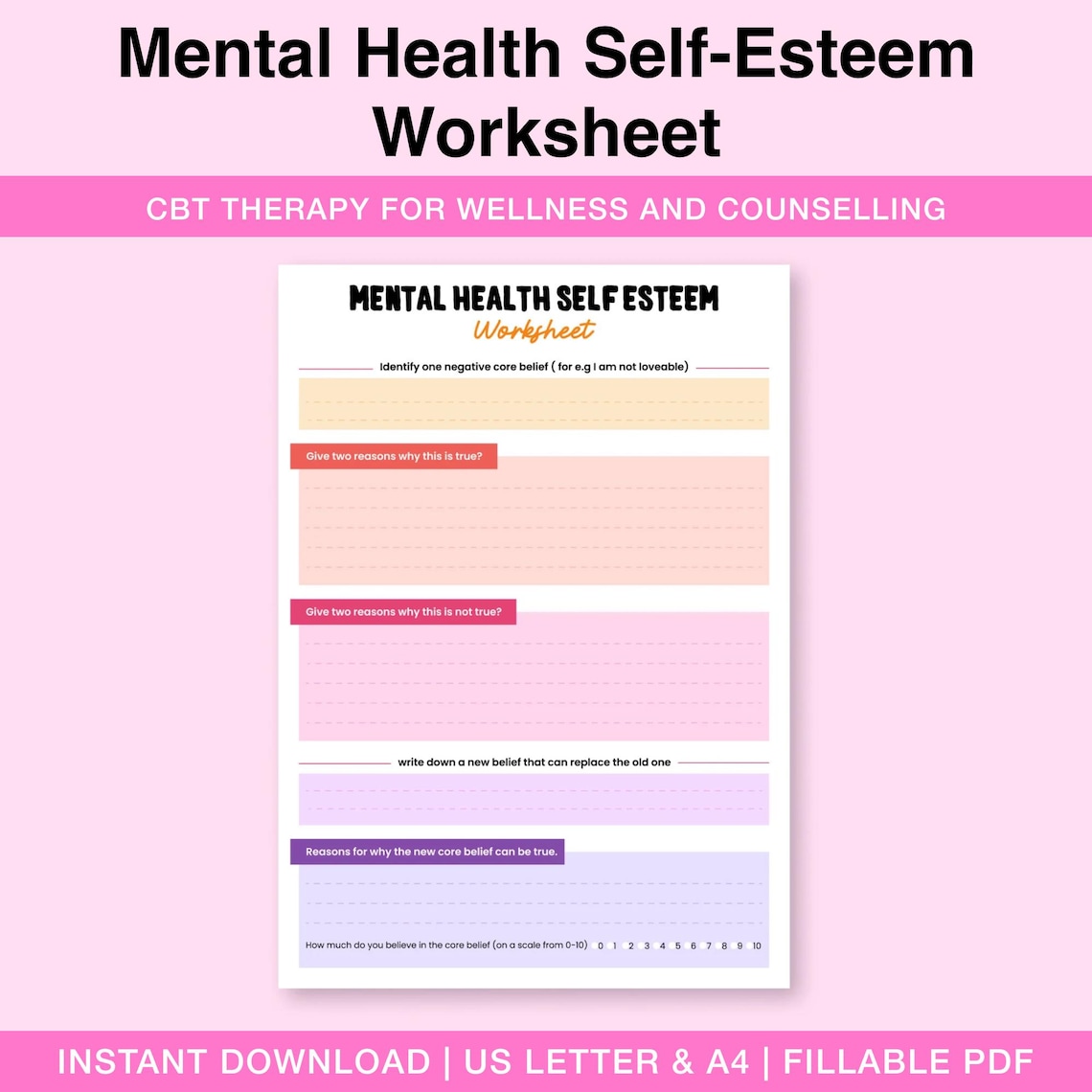 Mental Health Self-esteem Worksheet | Printable & Fillable CBT Resource ...