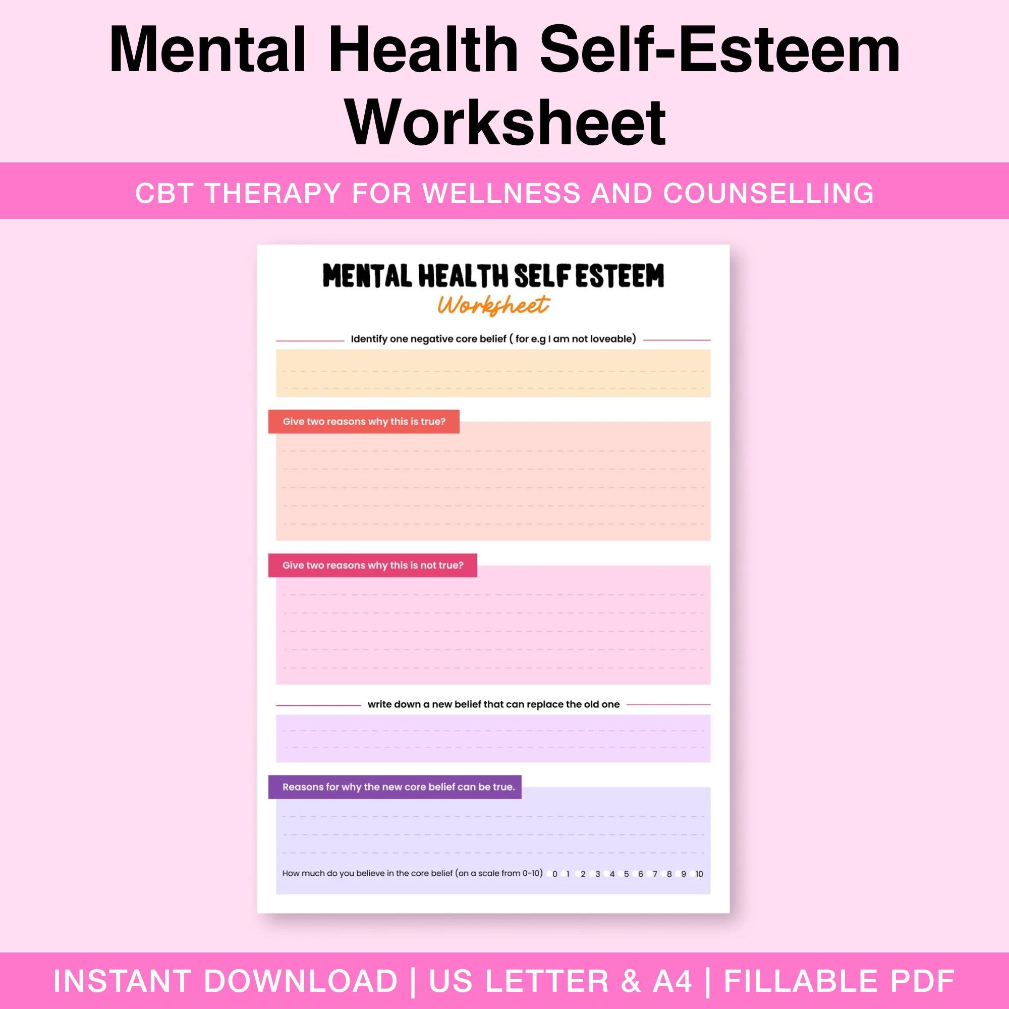 Mental Health Self-esteem Worksheet | Printable & Fillable CBT Resource ...