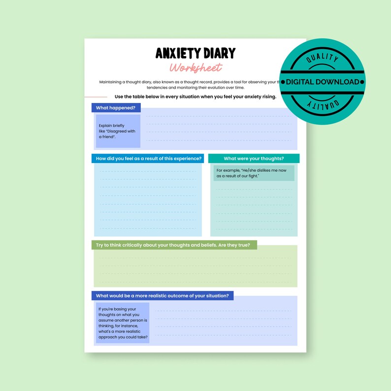Anxiety Diary Worksheet: Fillable, Instant Download & Printable ...