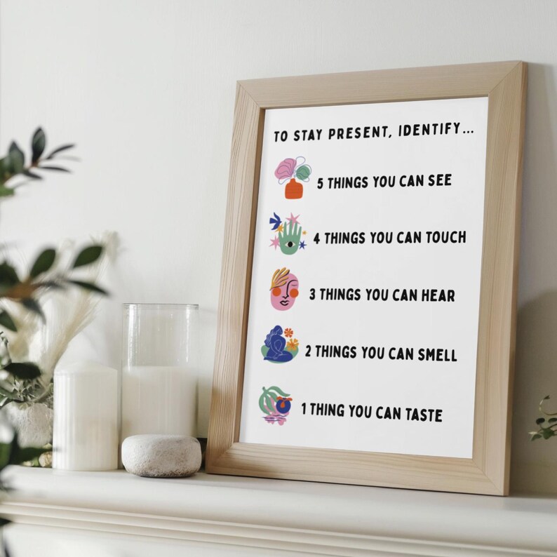 Illustrated Grounding Technique Poster | 5-4-3-2-1 Steps for Stress ...