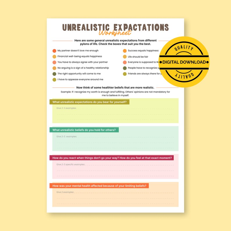 Unrealistic Expectations Worksheet | Printable Mental Health Activity ...