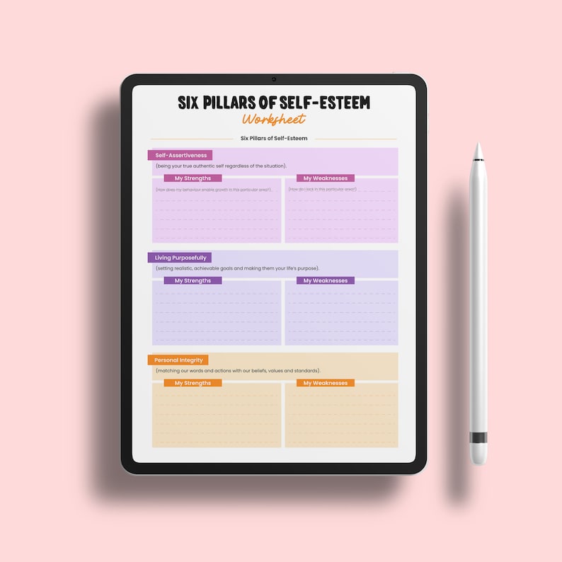 Self-esteem 6 Pillars Worksheet: CBT Therapy, Fillable Workbook (PDF ...