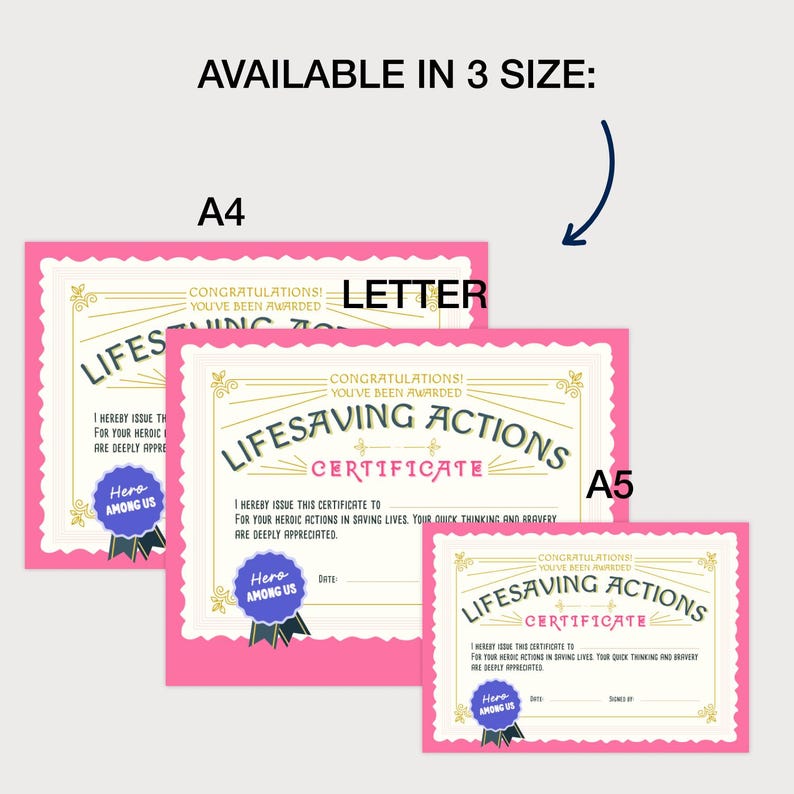 Lifesaving Actions Certificate: Hero Award, Printable PDF (A4, A5 ...