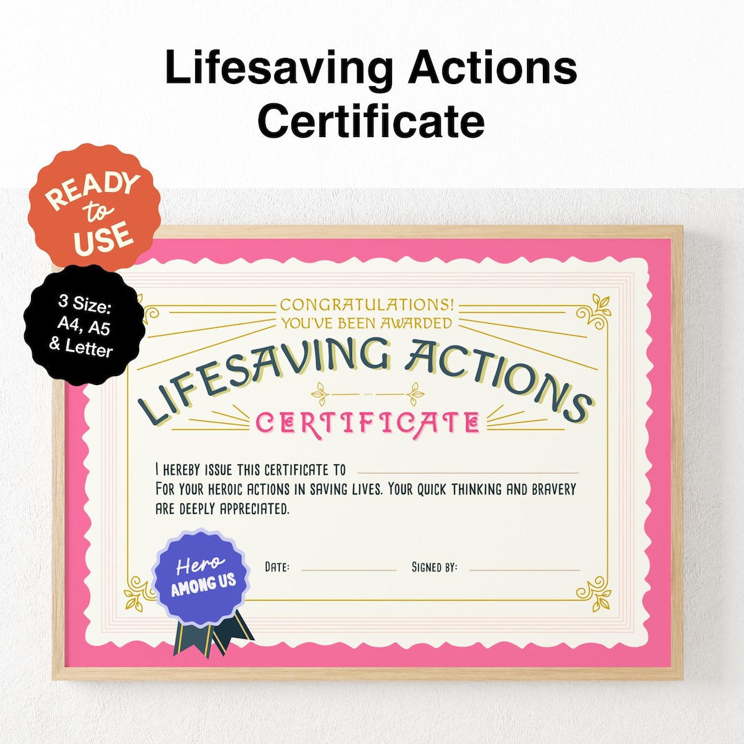 Lifesaving Actions Certificate: Hero Award, Printable PDF (A4, A5 ...