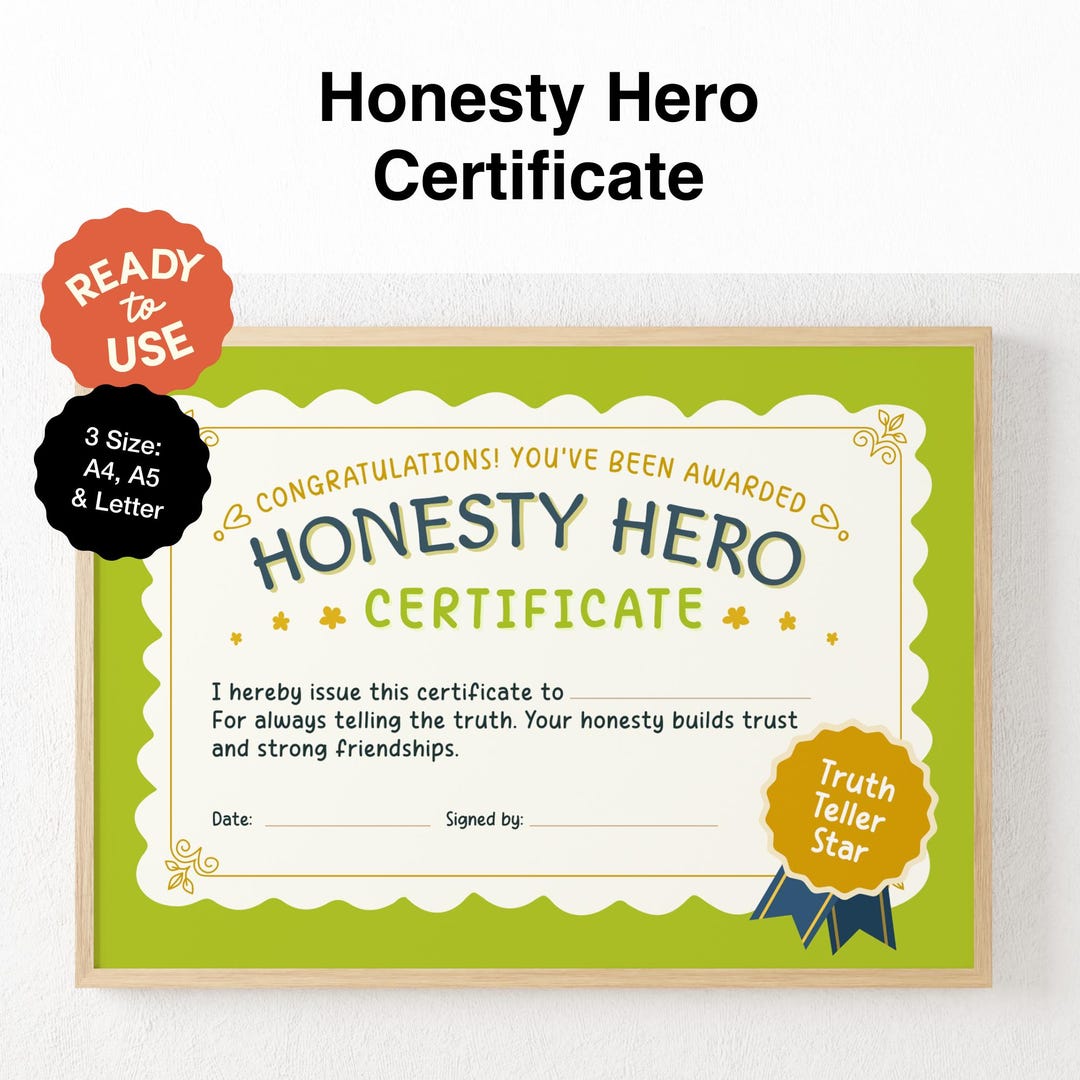 Honesty Hero Certificate: Printable Classroom Award (instant Download ...