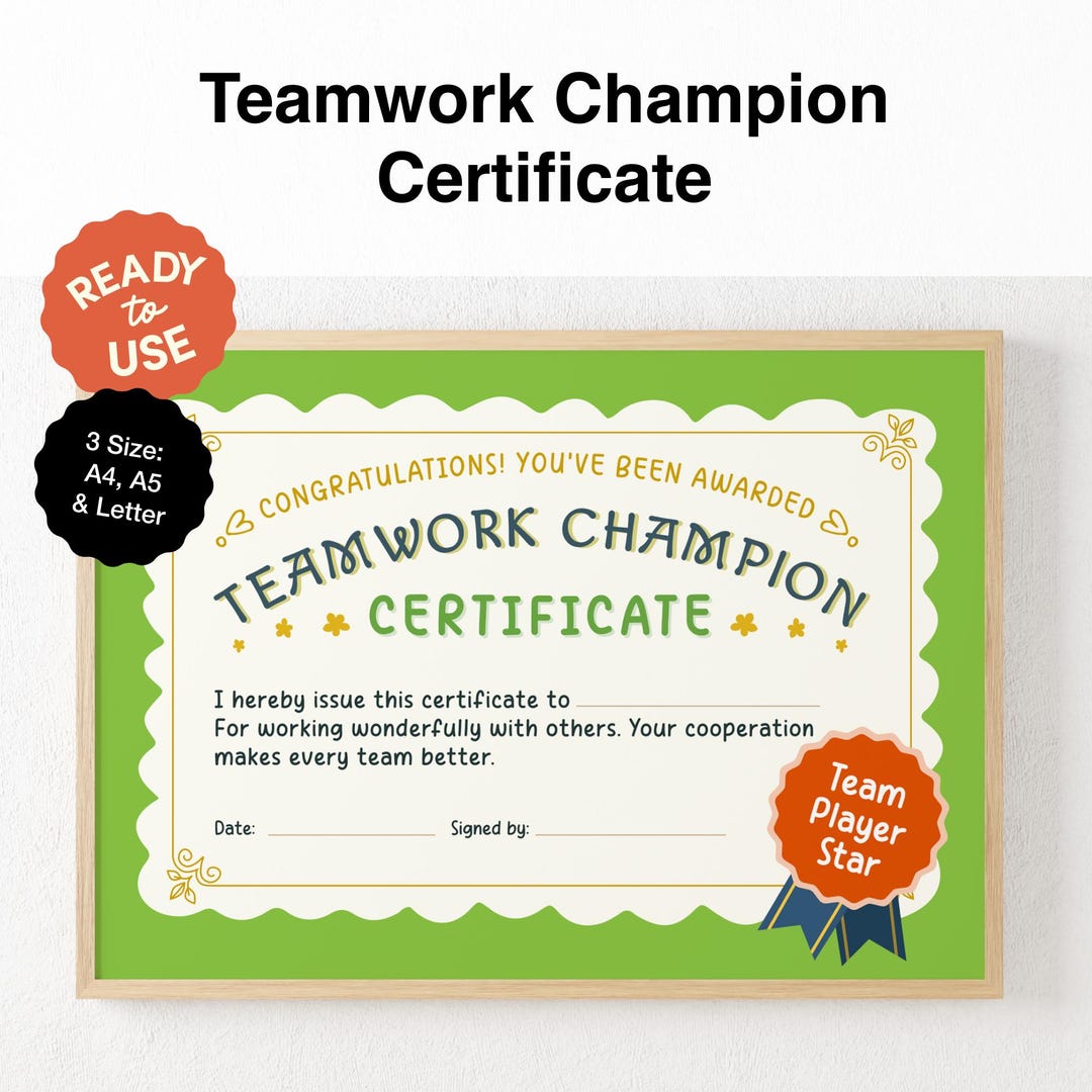 Teamwork Champion Certificate of Achievement | Classroom Team Spirit ...