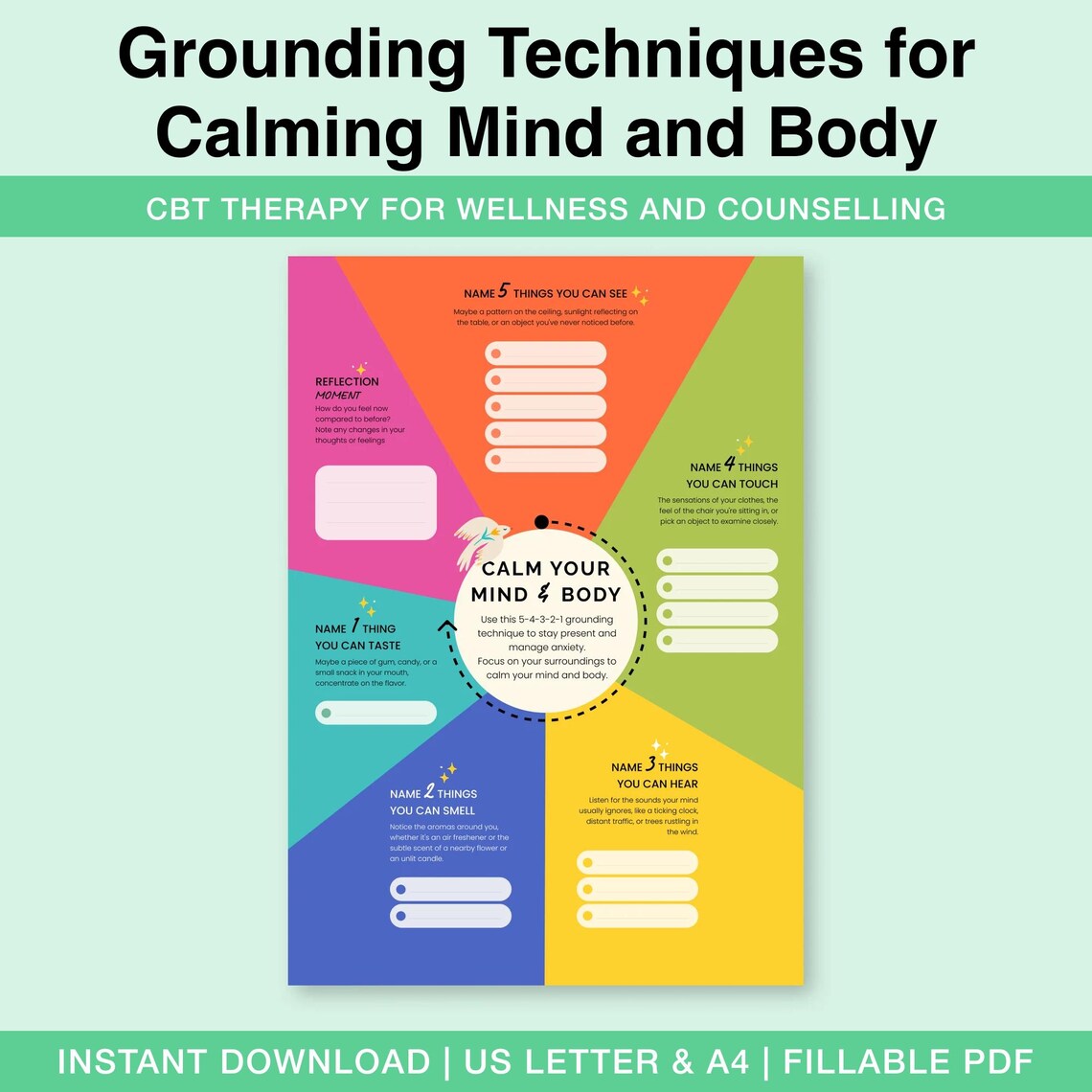 Grounding Techniques Worksheet | CBT Therapy Printable for Stress ...